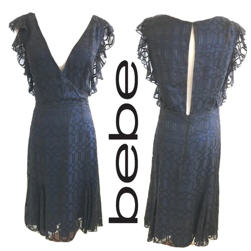 Bebe Women Silk Ruffle Sleeve Wrap Dress size S Sheer Black Blue Soft V ...