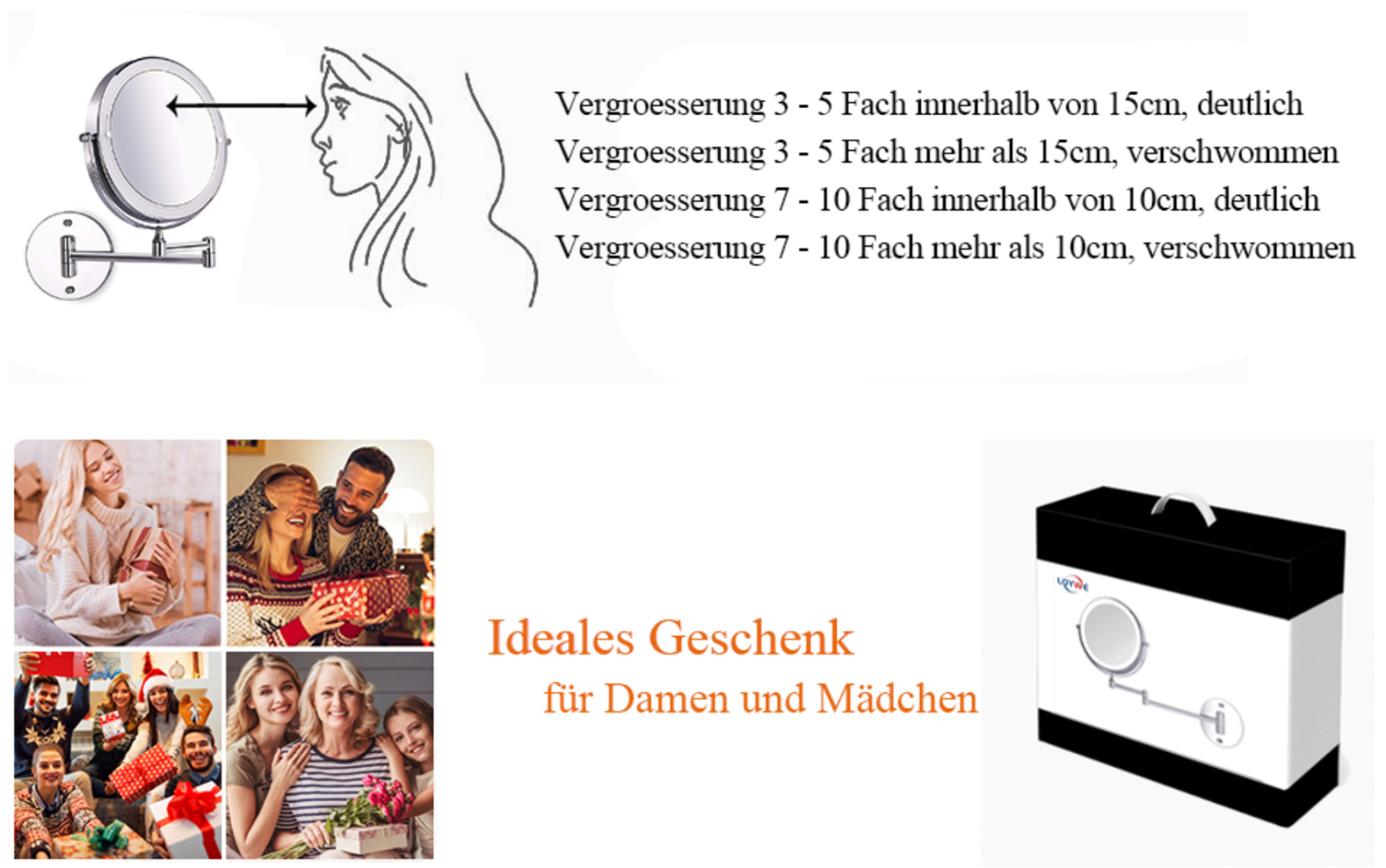 Loywe Kosmetikspiegel 7/10/15-Fach LED Beleuchtung Wandmontage ...