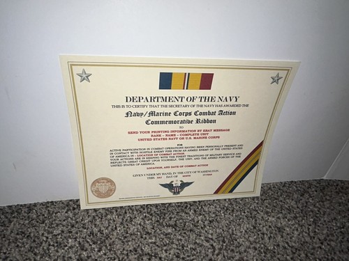 NAVY/USMC COMBAT ACTION COMMEMORATIVE RIBBON CERTIFICATE ~ W/PRINTING T ...