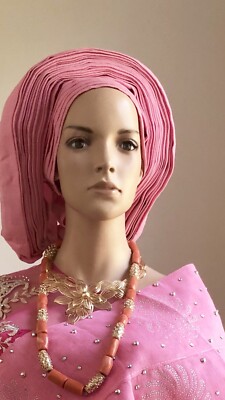 Pink Aso Oke Auto gele With Shoulder Shawl , Auto Gele, African Head ...