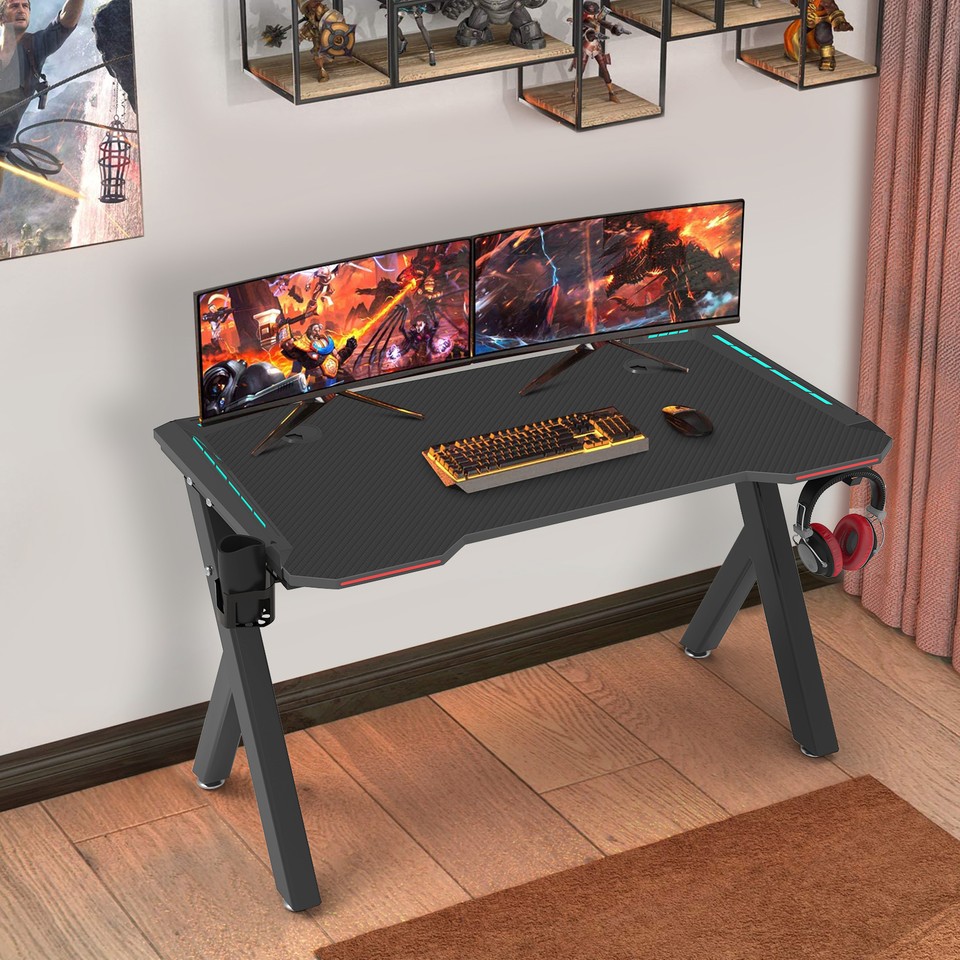 XXL Gaming Desk RGB LED Computer Racing Table Carbon Fiber PC Gamer ...