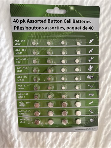 Card Of 40 Assorted Button Cell Batteries, 10 Sizes, 4 Each, Exp. 12/ ...