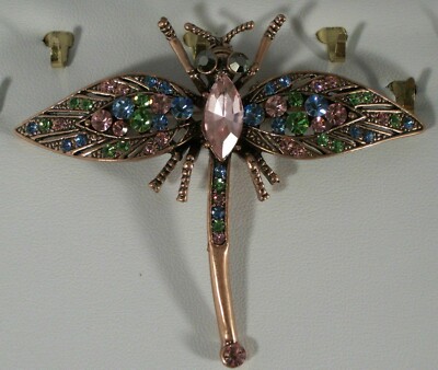 Pink Gold or Copper Color Plated Dragonfly Pin Pastel Crystal Pink Blue ...