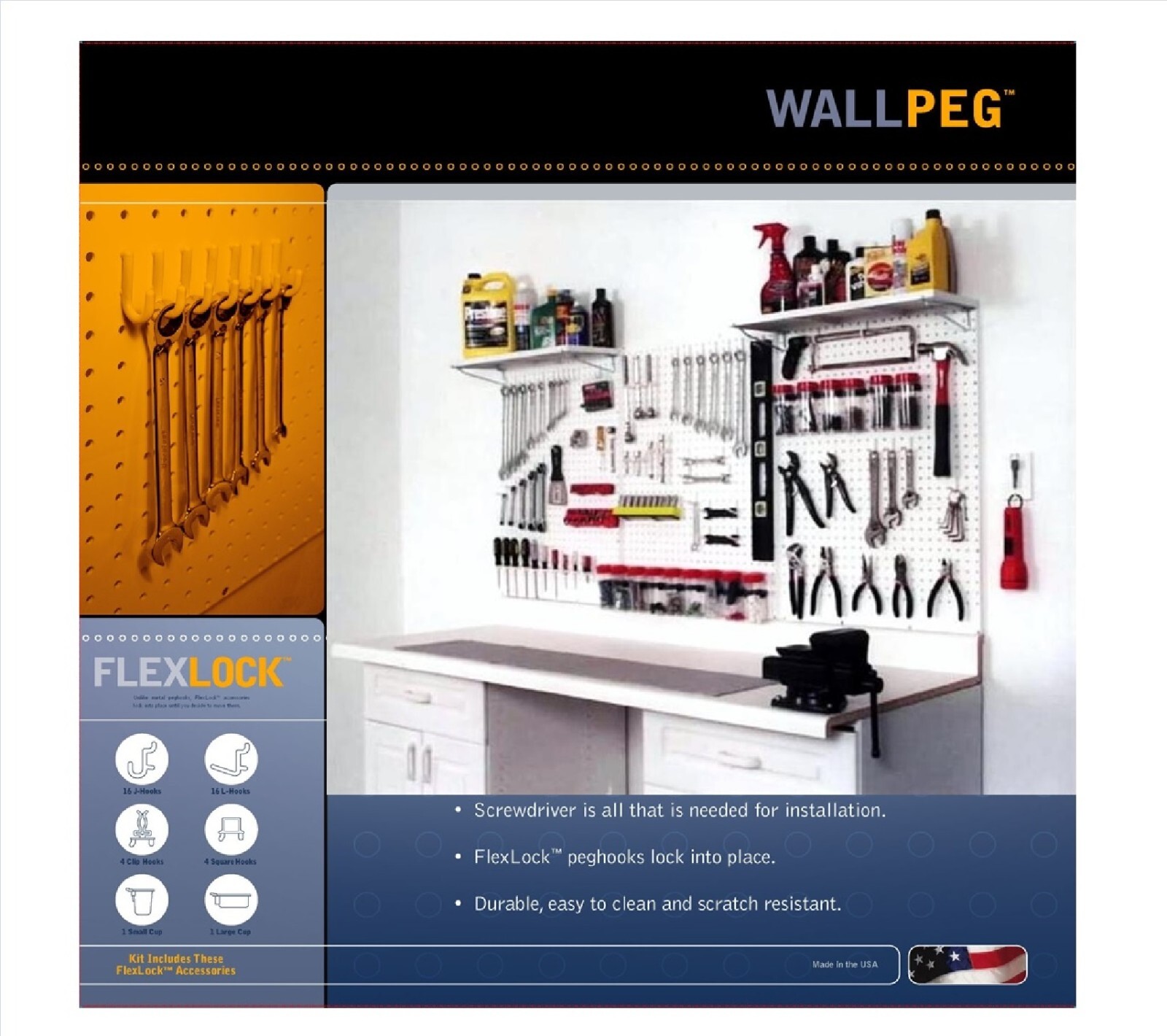 Pegboard Garage Tool & Storage Kit With Locking Peg Hooks - 72" Wide ...