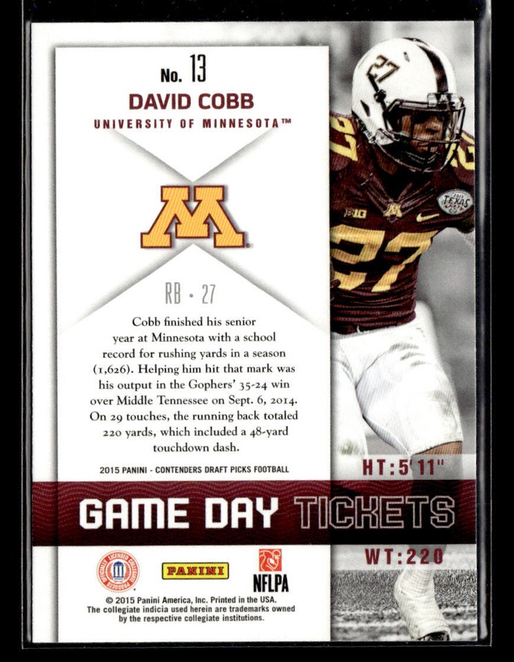 2015 Panini Contenders Draft Picks #13 David Cobb Game Day Tickets card ...