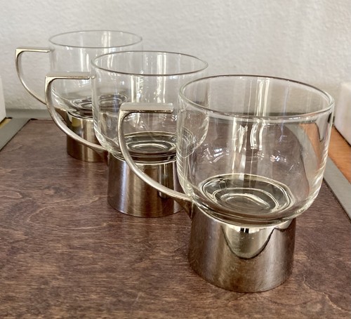 3 VTG Retro MCM Melco Coffee Tea Cocktail Zarf Glass Mug Cast Metal ...