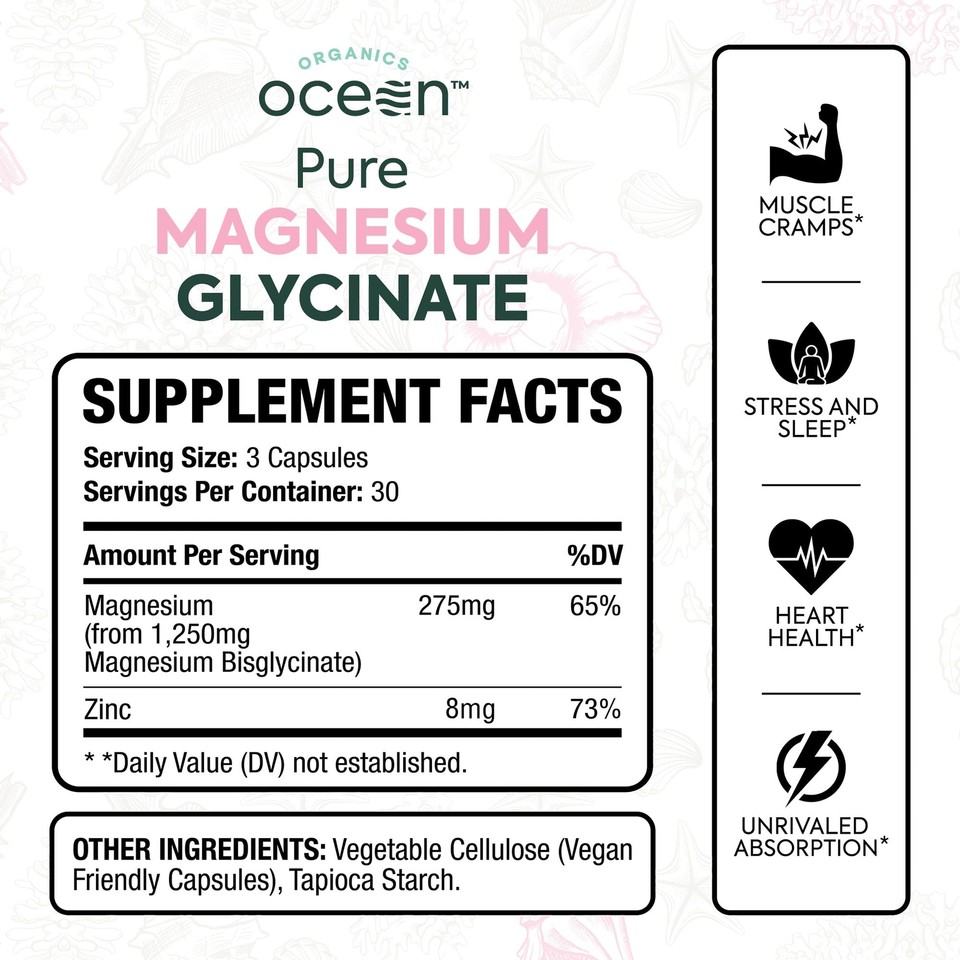 Organics Ocean Pure Magnesium Glycinate Zinc 90 Caps Muscle Sleep ...