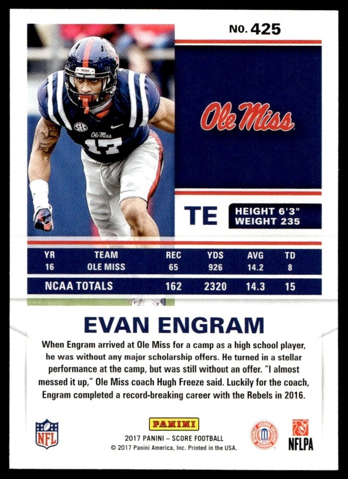 2017 Score Evan Engram Rookie G66 Ole Miss Rebels #425 | eBay