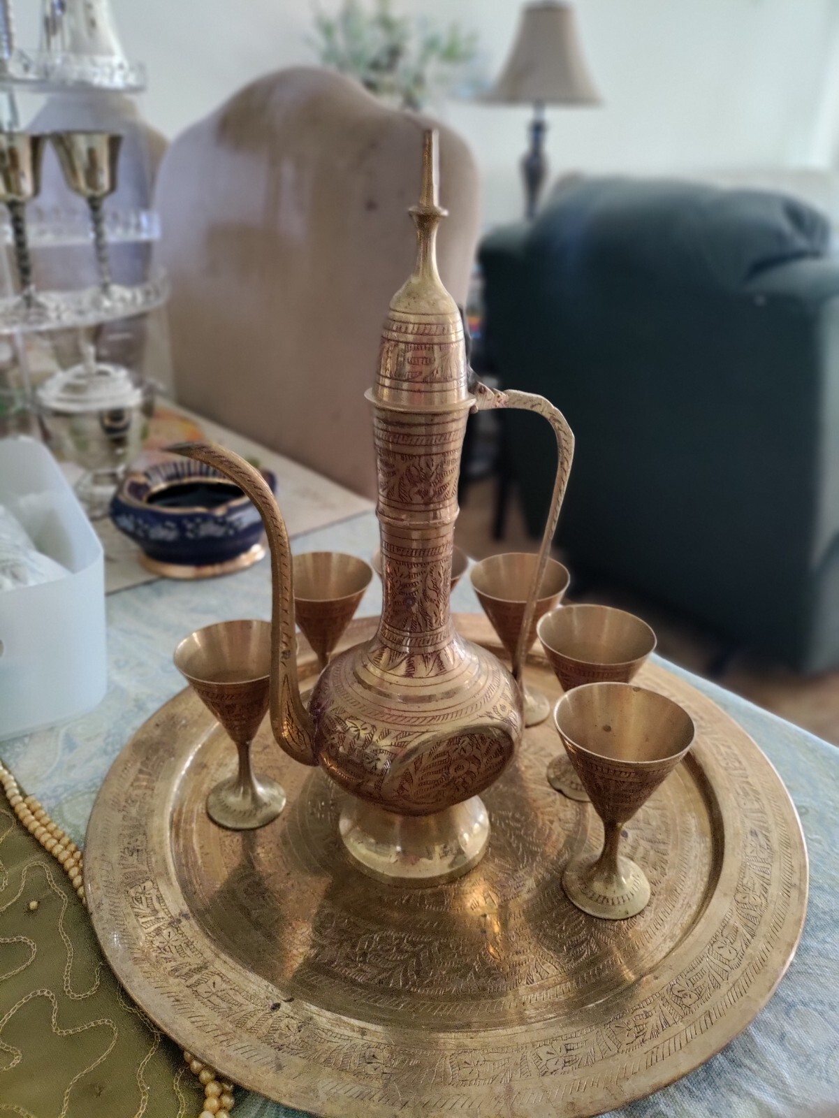 Vintage 8 Piece Engraved Brass Turkish Ottoman Tea Set | eBay