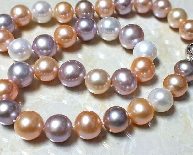 17"10-12mm Natural South Sea Genuine White Golden Pink Round Pearl ...