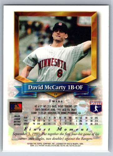 1994 Topps Finest David McCarty Minnesota Twins #17 | eBay