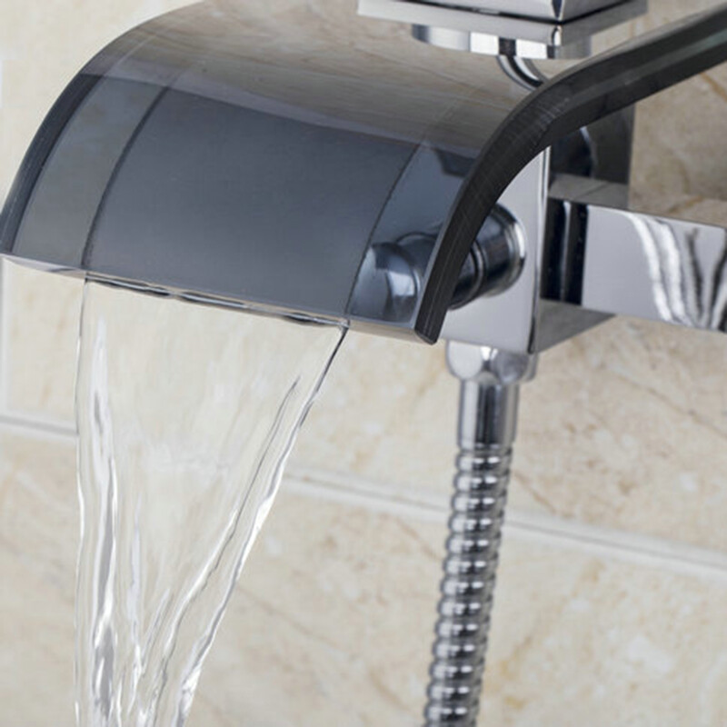 Waterfall Black Glass Spout Tub Mixer Faucet With Hand Held Shower ...
