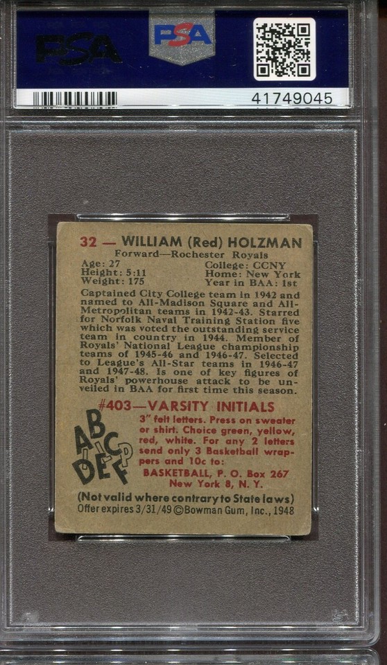 1948 Bowman #32 Red Holzman Rochester Royals - HOF Rookie Card - PSA 3. ...
