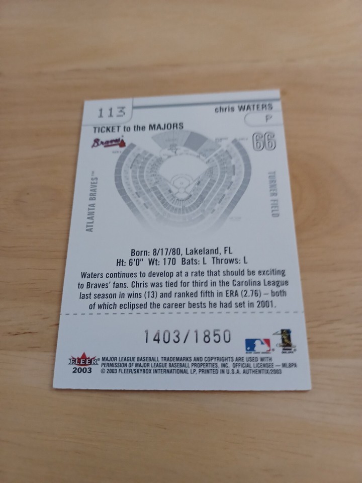 2003 Fleer Authentix #rd /1850 Chris Waters #113 Rookie RC Atlanta ...