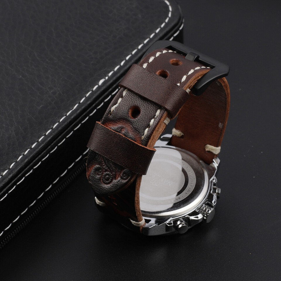 Genuine Leather Engraved Watch Strap Band Vintage 18mm 20mm 22mm 24mm ...