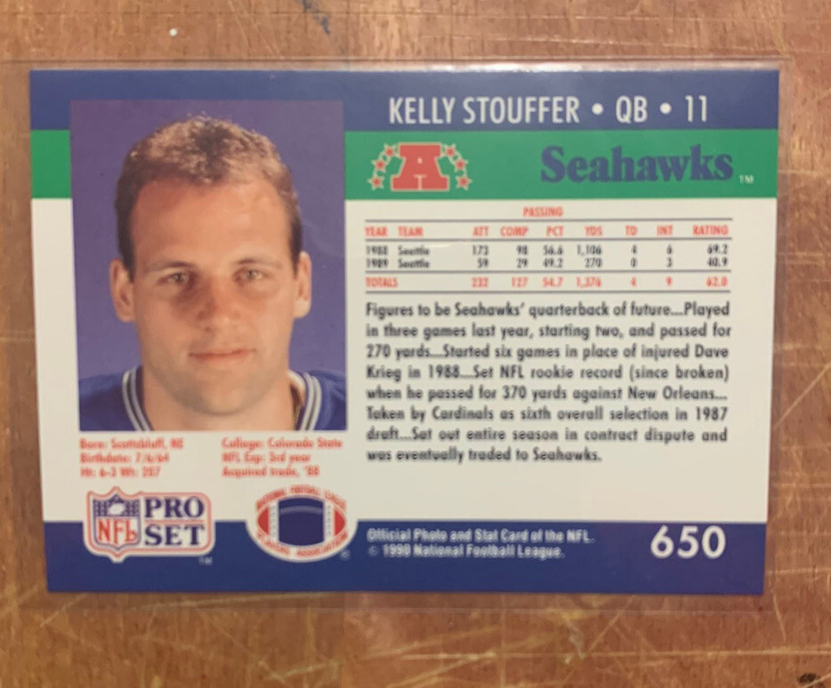 1990 Pro Set Football Kelly Stouffer Seattle Seahawks #650 | eBay