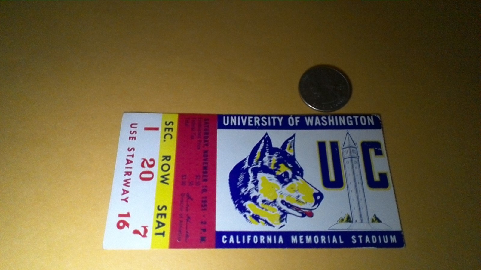 1951 WASHINGTON vs CALIFORNIA COLLEGE FOOTBALL GAME TICKET STUB HUSKIES ...