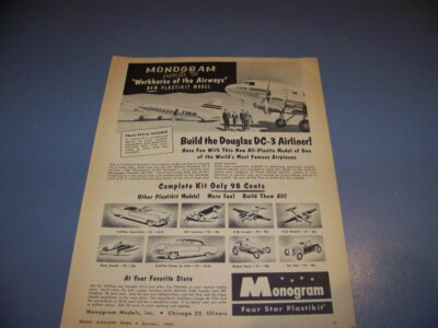 VINTAGE..1955 MONOGRAM "DC-3 AIRLINER"..1-PAGE SALES AD...RARE! (390U ...
