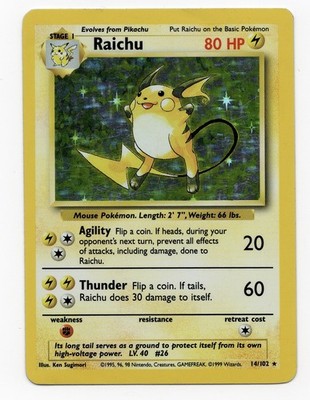 Raichu 14/102 Base Set 1999 Pokemon Card Hologram Rare EXCELLENT ...