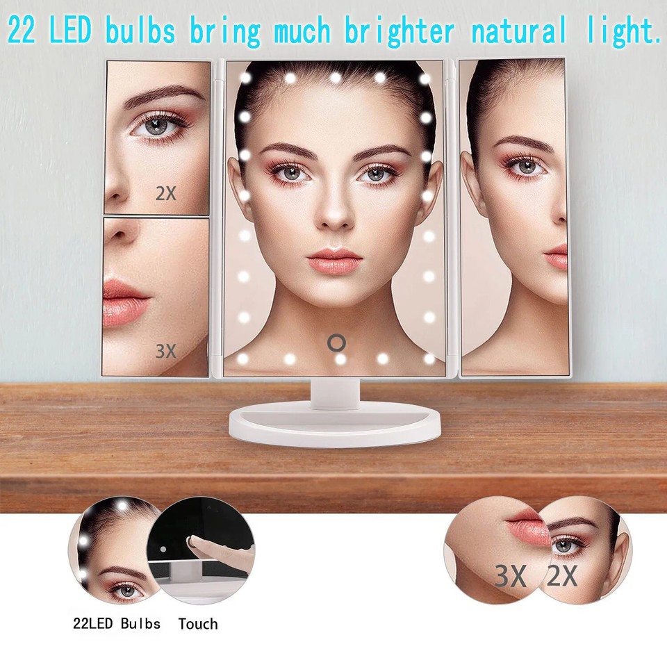 22 LED MAKE-UP FOLDABLE VANITY MIRROR Tabletop Light Up Cosmetic Touch ...