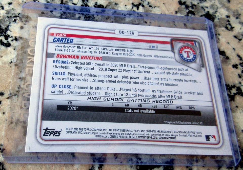 EVAN CARTER 2020 Bowman 1st TRUE Rookie Card RC Rangers 2023 WS Champs🔥 ...
