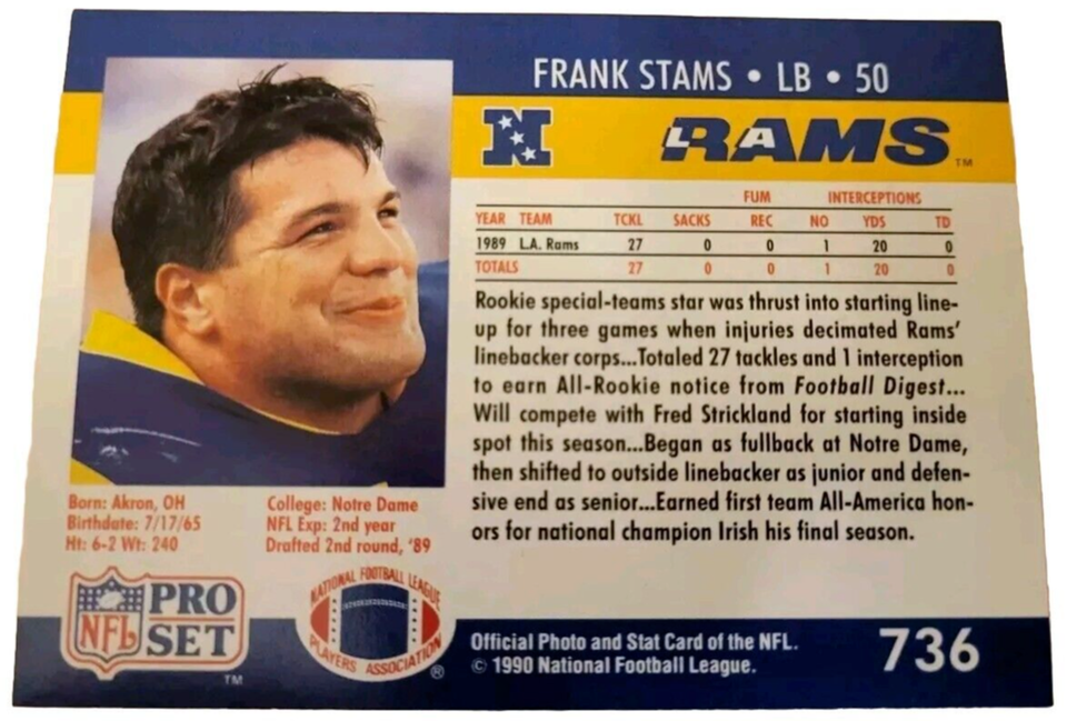 1990 Frank Stams #736 Los Angeles Rams NFL Pro Set Football Card (Z | eBay
