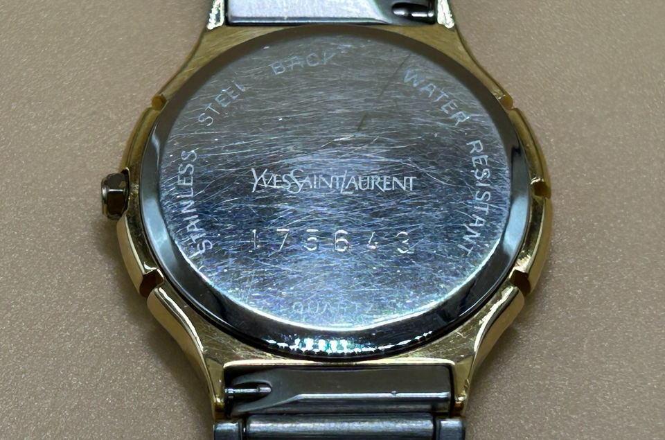 YVES SAINT LAURENT Three Lines NAVY Gold Date 30mm France QZ Watch From ...