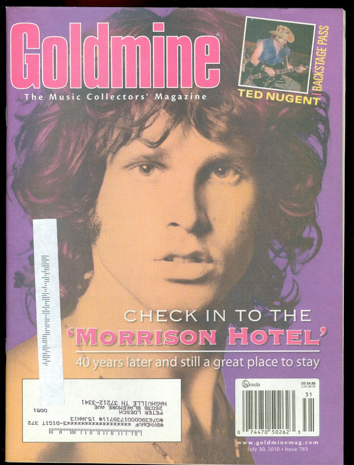 Jim Morrison The Doors July 30, 2010 Goldmine magazine Ted Nugent Tommy ...