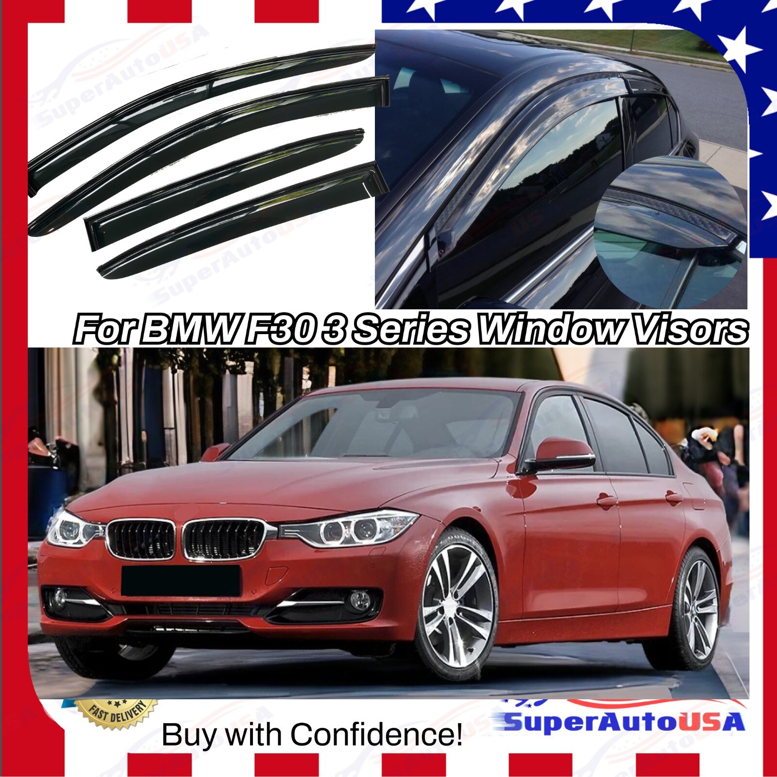 Fits BMW F30 3 Series 2012-2019 Carbon Fiber Trims Window Visors Shade ...