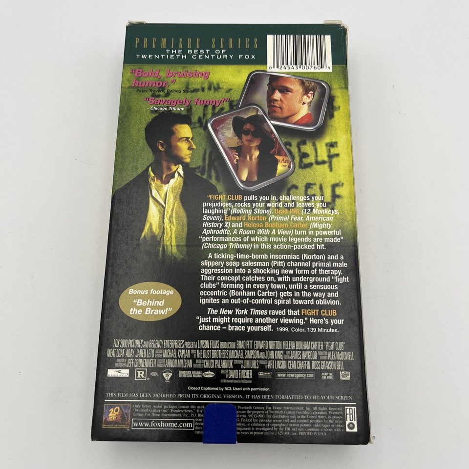 FIGHT CLUB VHS MOVIE BRAD PITT EDWARD NORTON PREMIERE SERIES 2000760 ...