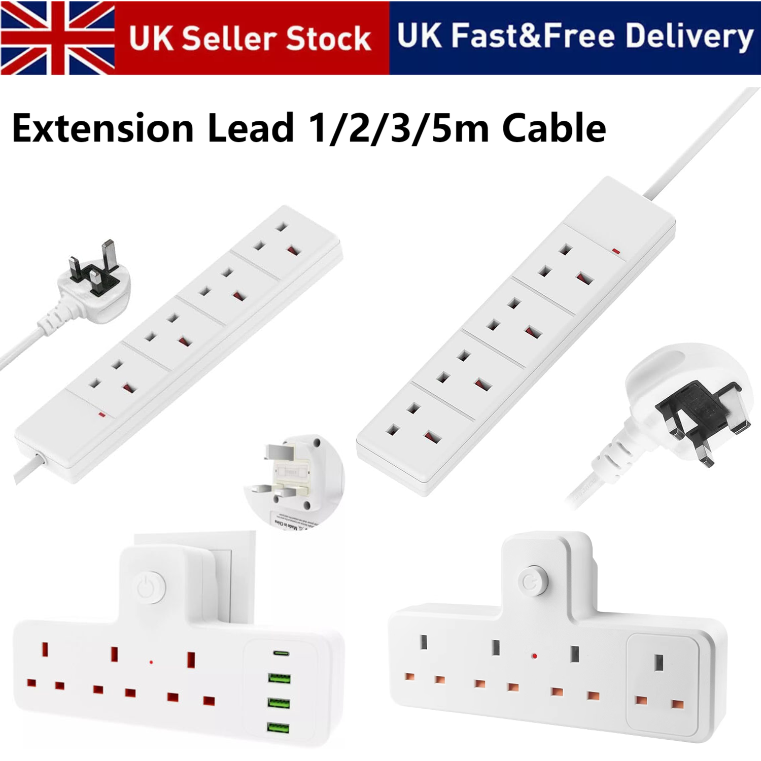 Extension Lead 3 4 6 8 Gang Way Plug Sockets 1/2/3/5M Cable Electric ...