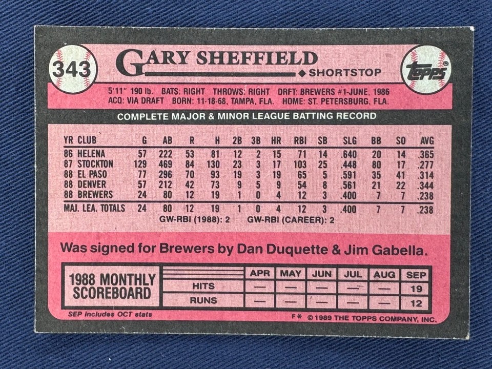 1989 Topps - Future Star Gary Sheffield #343 (RC) Rookie NM+ ~NO ...
