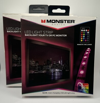 2x Monster Basics 6.5 Ft Color Changing USB LED Light Strip With Remote ...