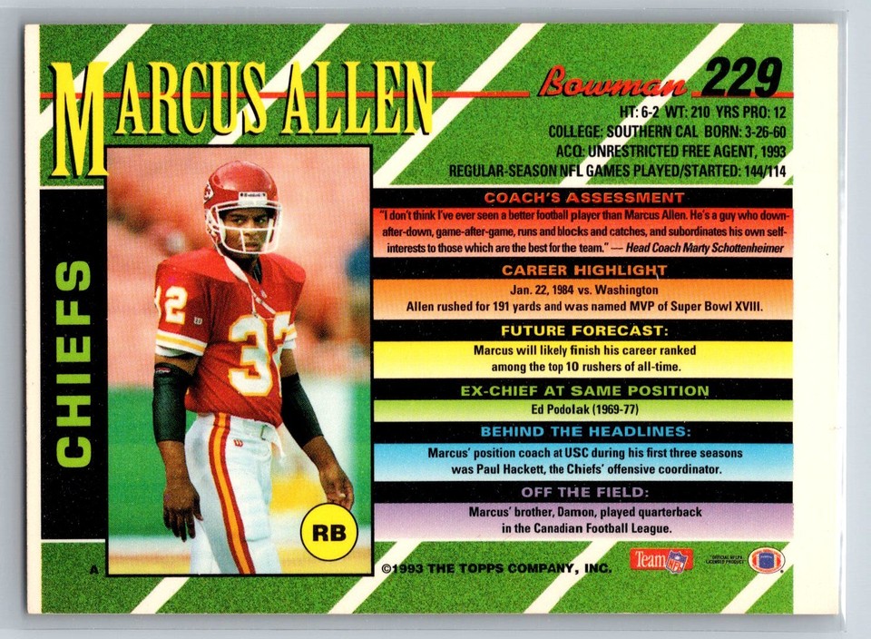 1993 Bowman Marcus Allen Kansas City Chiefs #229 | eBay