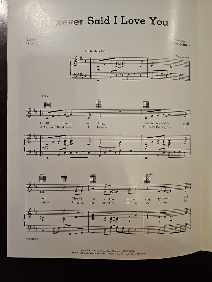 I Never Said I Love You ~ Orsalia ~ 1976 Sheet Music Hal David Archie ...