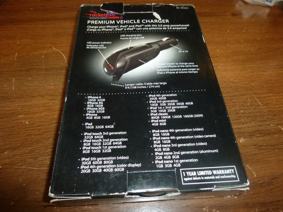 Rocketfish RF-PA455 Car/Vehicle Charger for 30pin Apple® iPad®, iPod ...