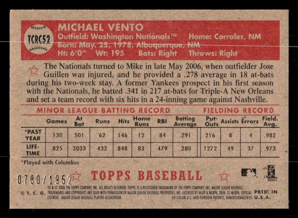 Mike Vento 2006 Topps 52 #TCRookie52 Chrome Rookie Washington Nationals ...