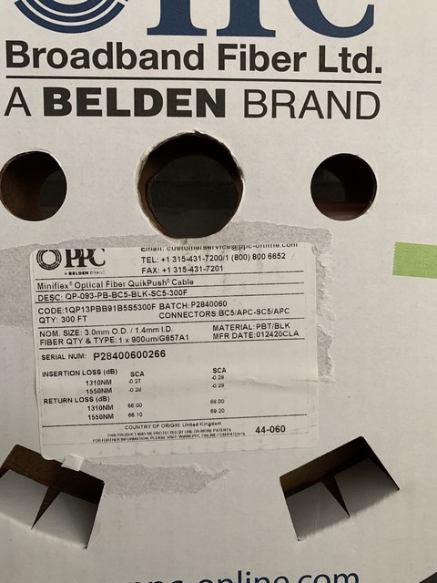 PPC QP-093-PB-BC5-BLK-SC5-300F Miniflex Optical Fiber QuikPush Cable ...
