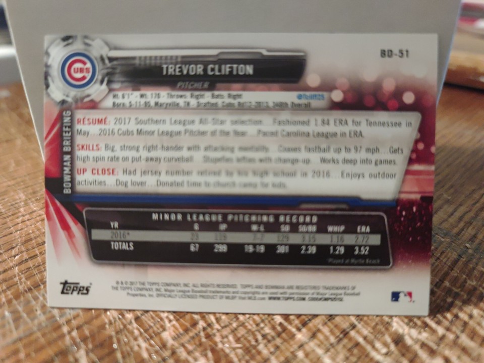 Trevor Clifton Full Signature 2017 Bowman Draft Signed Baseball Card BD ...