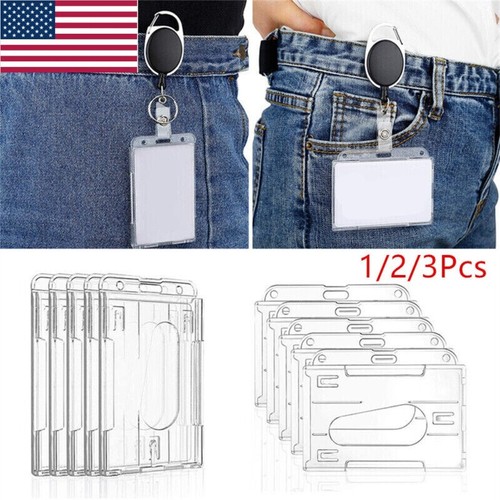 1-3x Double Sided ID Badge Holder Hard Plastic Card Case Protector for ...