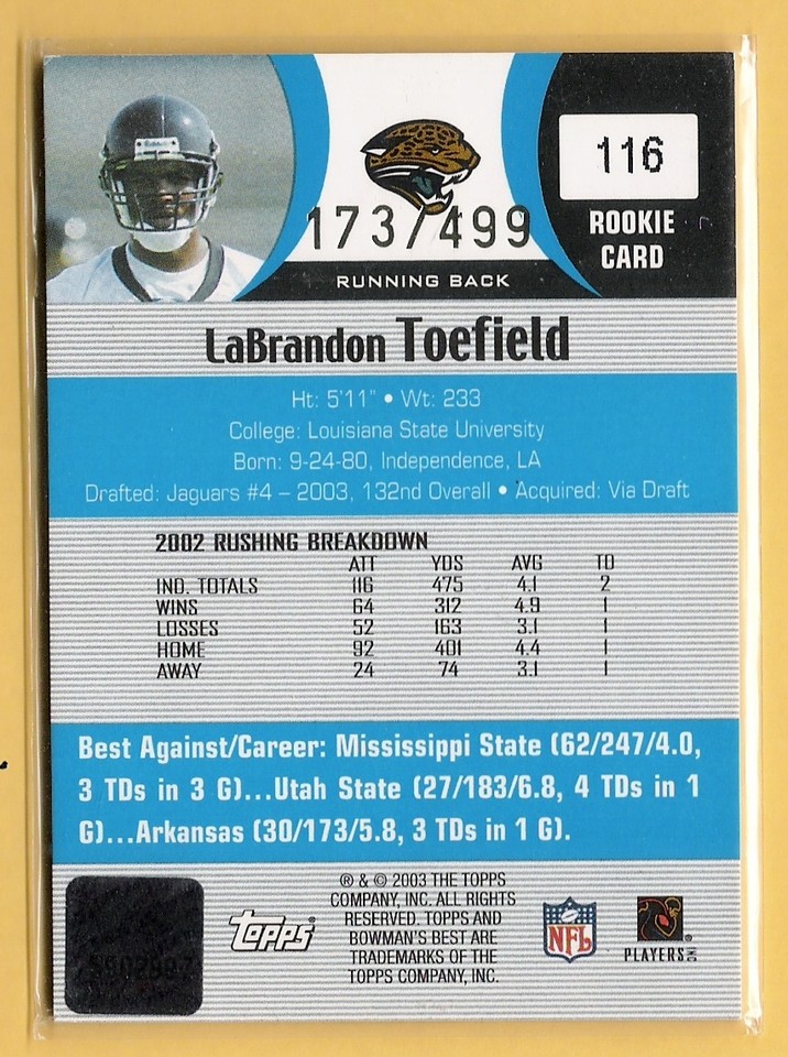 LaBrandon Toefield 2003 Bowmans Best Rookie Autograph #173/499 - - MINT ...