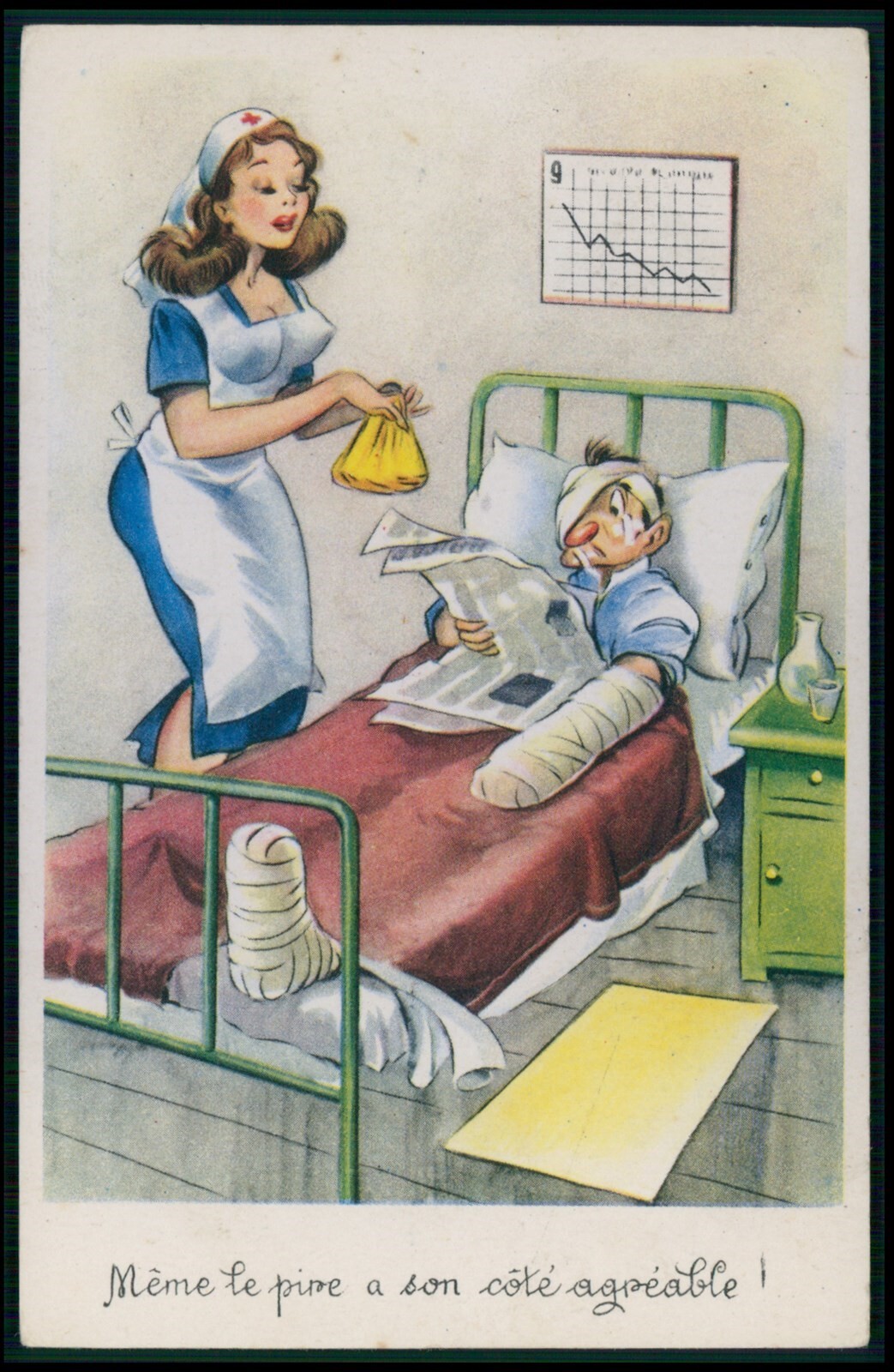 Comic humor risque red cross nurse woman good side original c1950-1960s ...