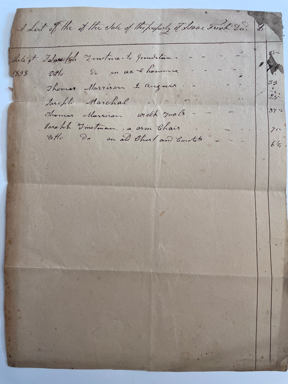 1838 Vendue Partial List From The Estate Of Isaac Frank Possibly Beaver ...