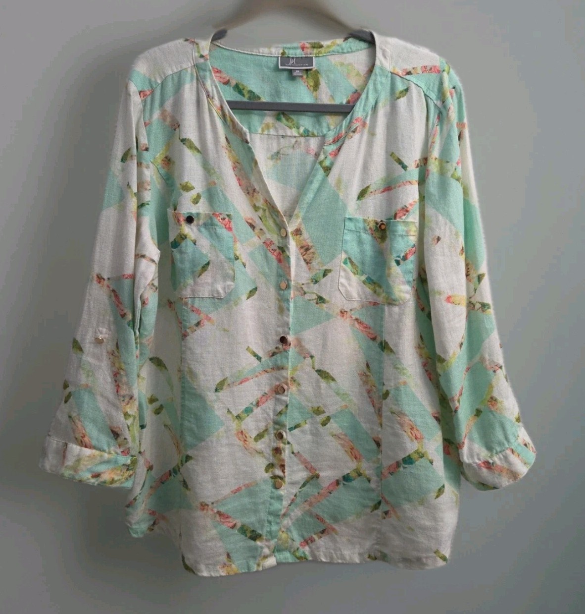 JM Collection 100% Linen Button-Up Tropical Vneck Blo… - Gem