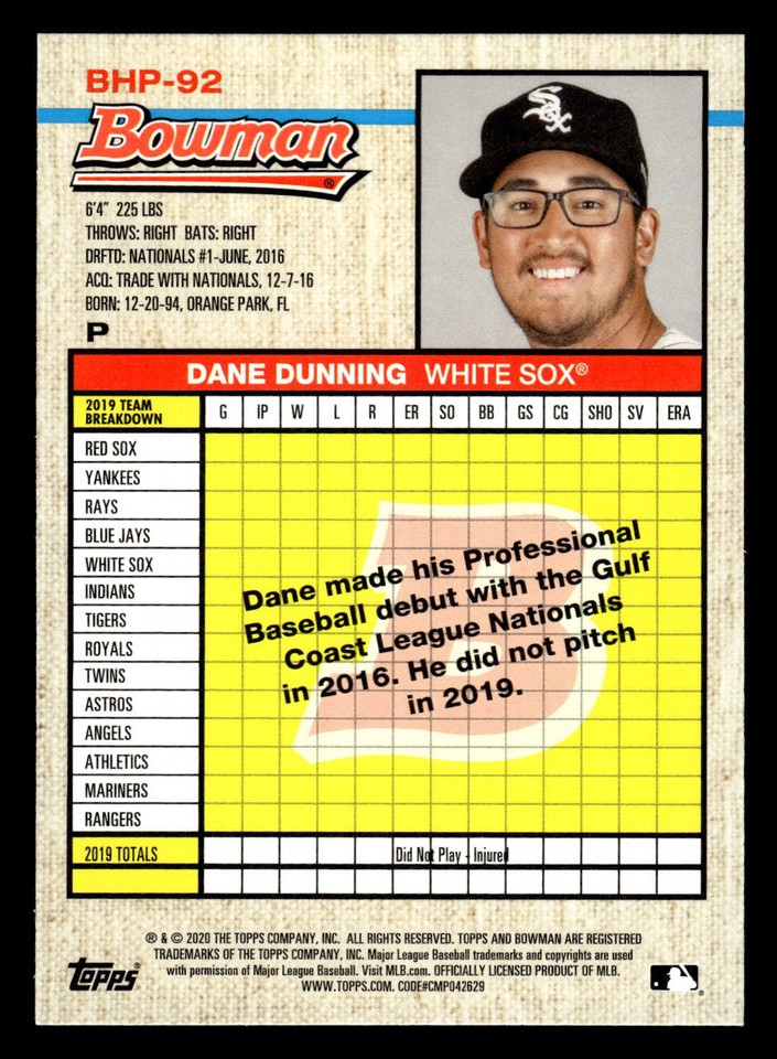 2020 Bowman Heritage Dane Dunning #BHP-92 | eBay