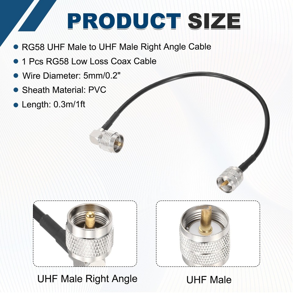 Black RG58 CB Coax Cable, 1ft 58 Ohm UHF Male to UHF Male Right Angle ...