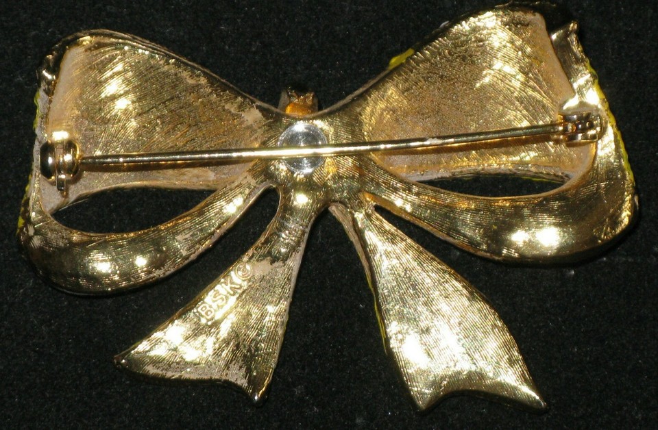 Vintage BSK Costume Jewelry Yellow Ribbon Bow Tiny Rhinestones Gold ...