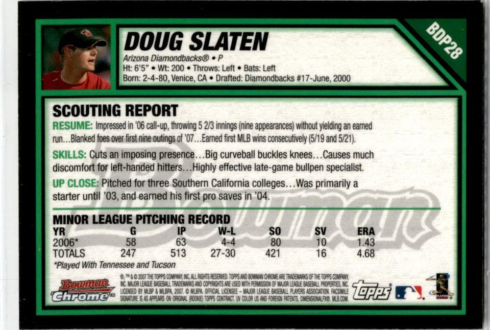 2007 Bowman Draft Picks & Prospects #BDP28 Doug Slaten Arizona ...