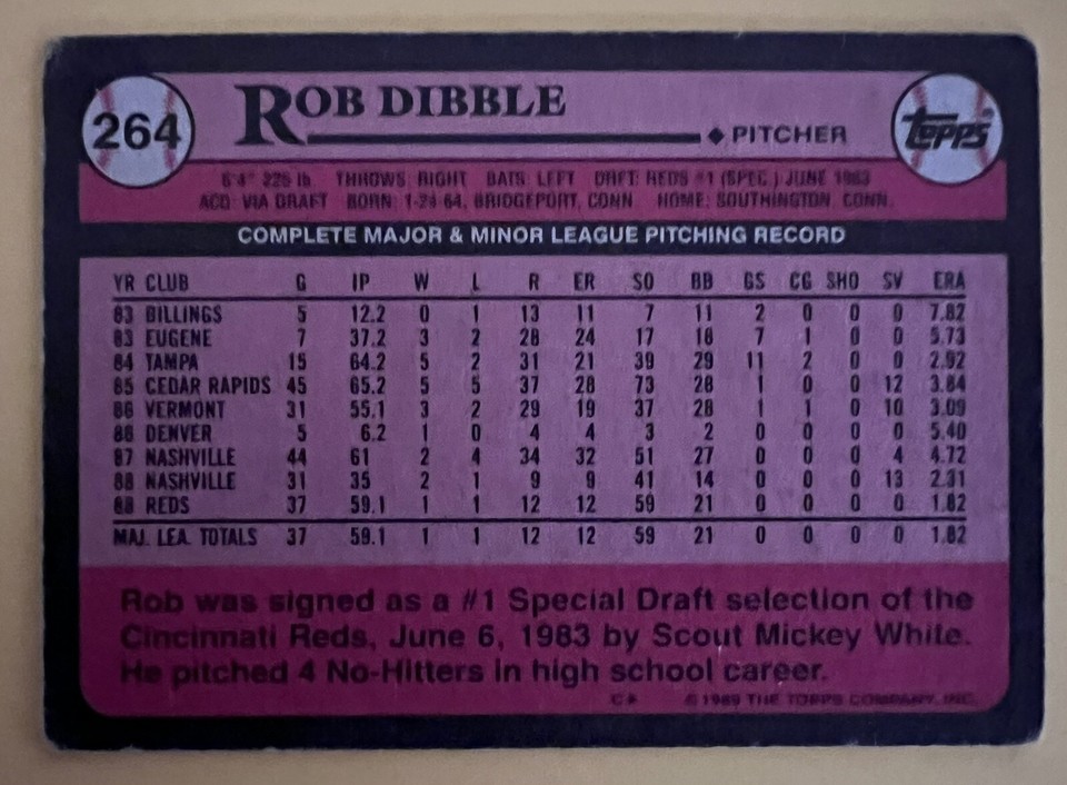 1989 Topps Cincinnati Reds Baseball Rookie Card - #264 Rob Dibble | eBay
