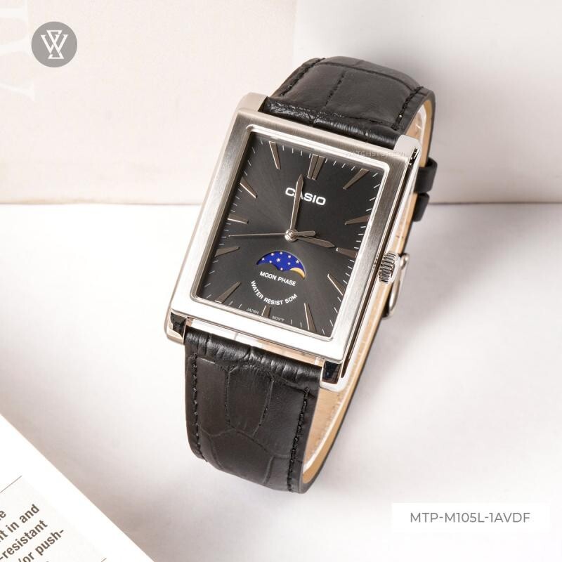 Casio MTP-M105L-1A Black Analog Moon Phase Rectangle Leather Casual ...